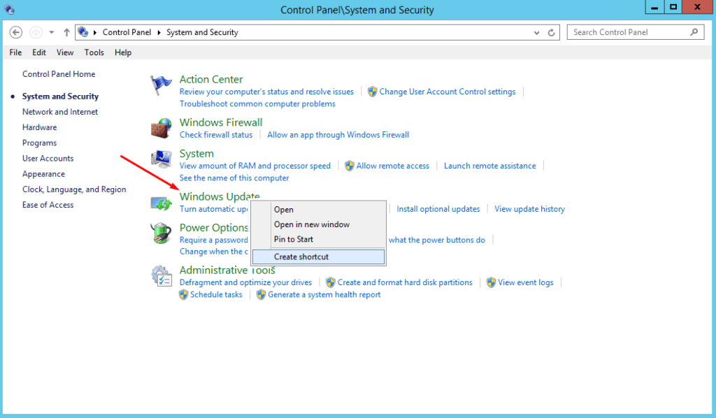Creating a Shortcut for Windows Update in Windows Server 2016 ...