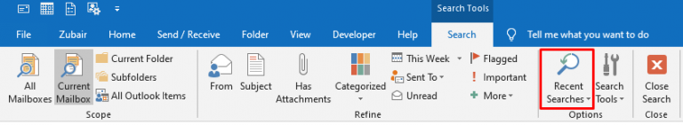 Deleting Microsoft Outlook’s Recent Search History | Alexander's Blog